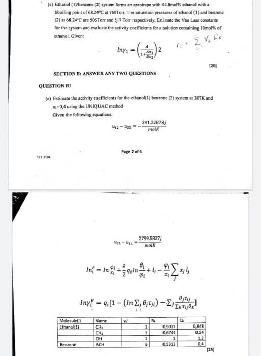 Solved (6) Ethanol (lybenzone (2) system form an azeotrope | Chegg.com