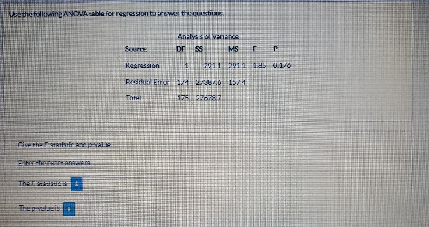 Solved Use the following ANOVA table for regression to | Chegg.com