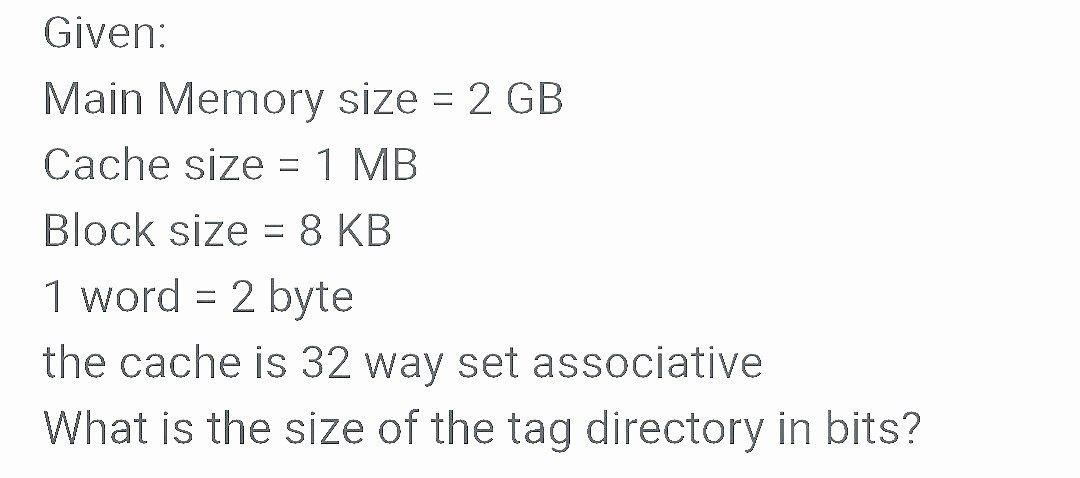 Solved = Given: Main Memory size = 2 GB Cache size = 1 MB | Chegg.com