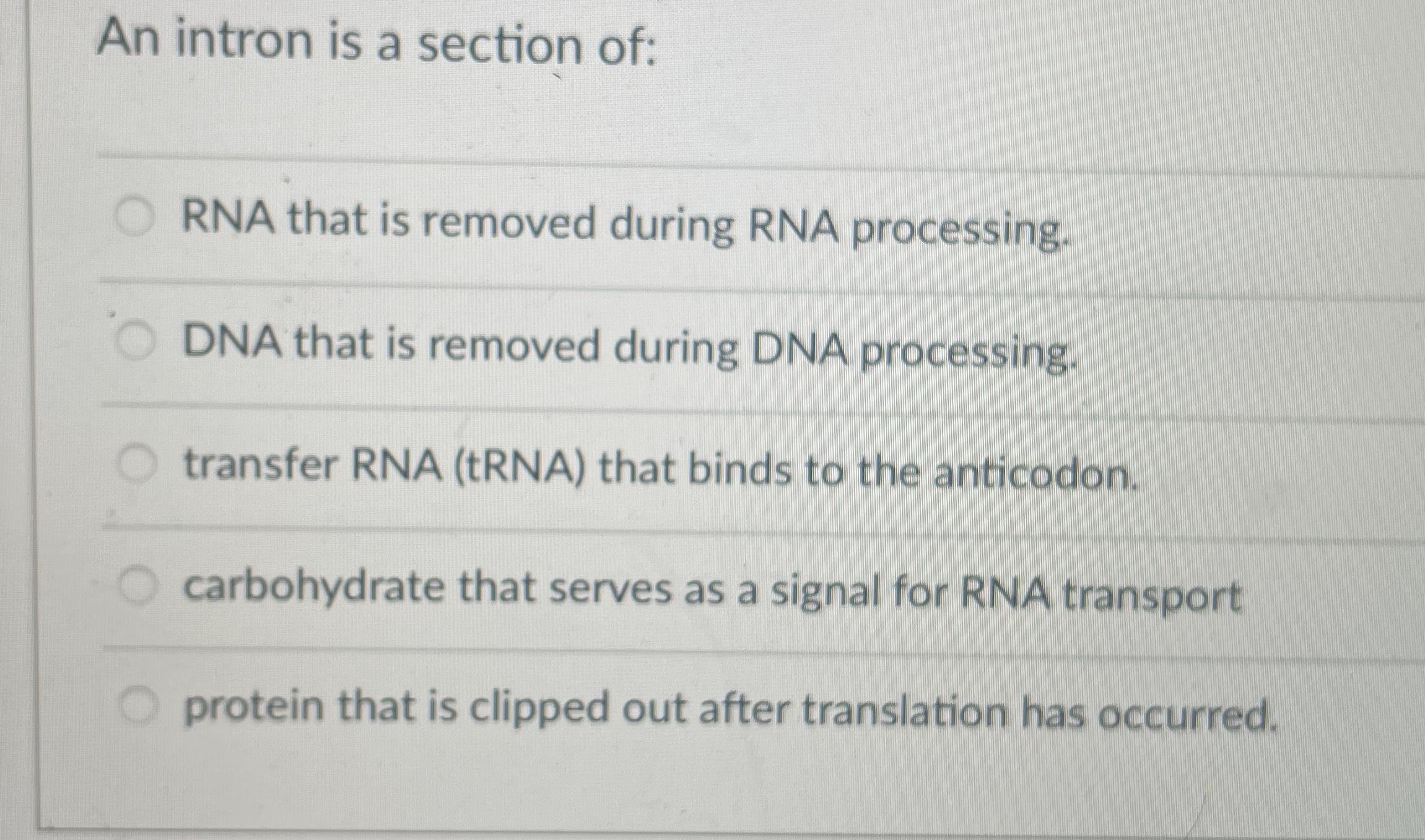 Solved An intron is a section of:RNA that is removed during | Chegg.com