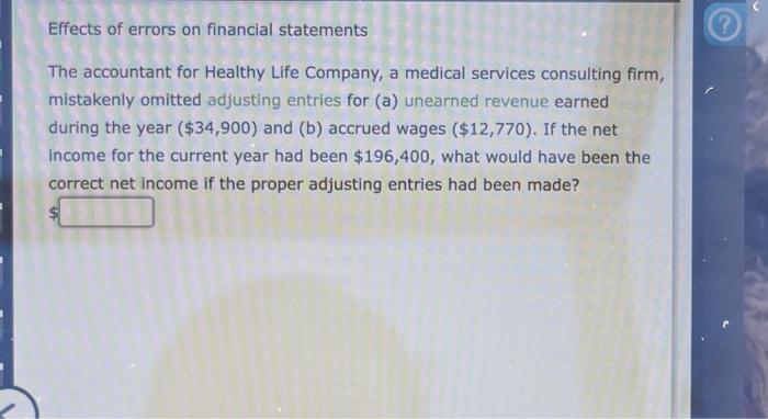Solved Effects of errors on financial statements The | Chegg.com
