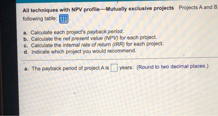 Solved All techniques with NPV profile-Mutually exclusive | Chegg.com