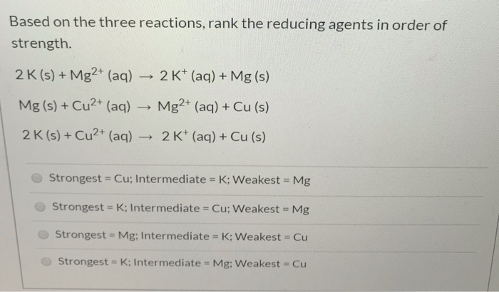 Solved Rank the oxidizing agents in order of strength (Based | Chegg.com