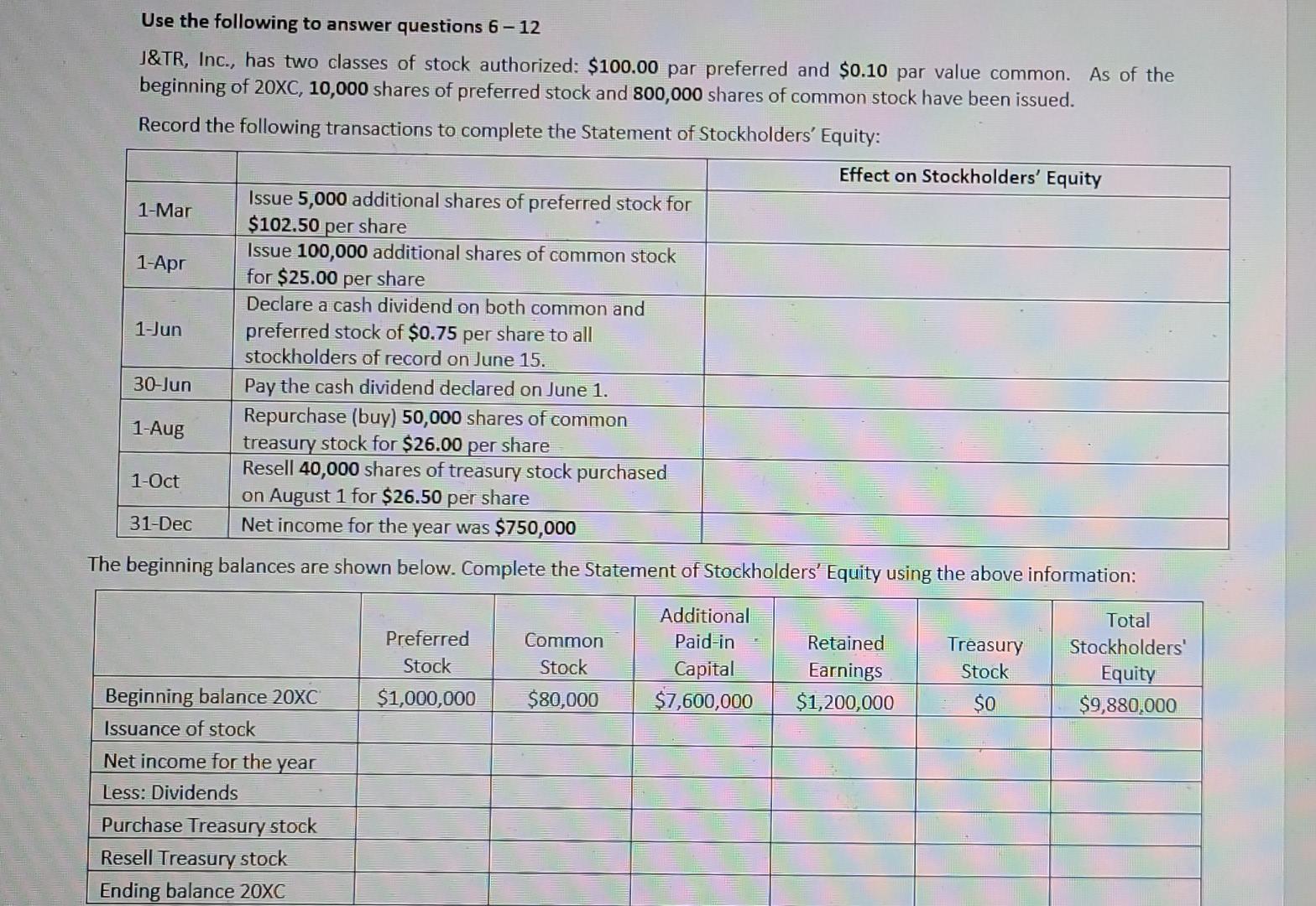 Solved Use the following to answer questions 6 - 12 J&TR, | Chegg.com