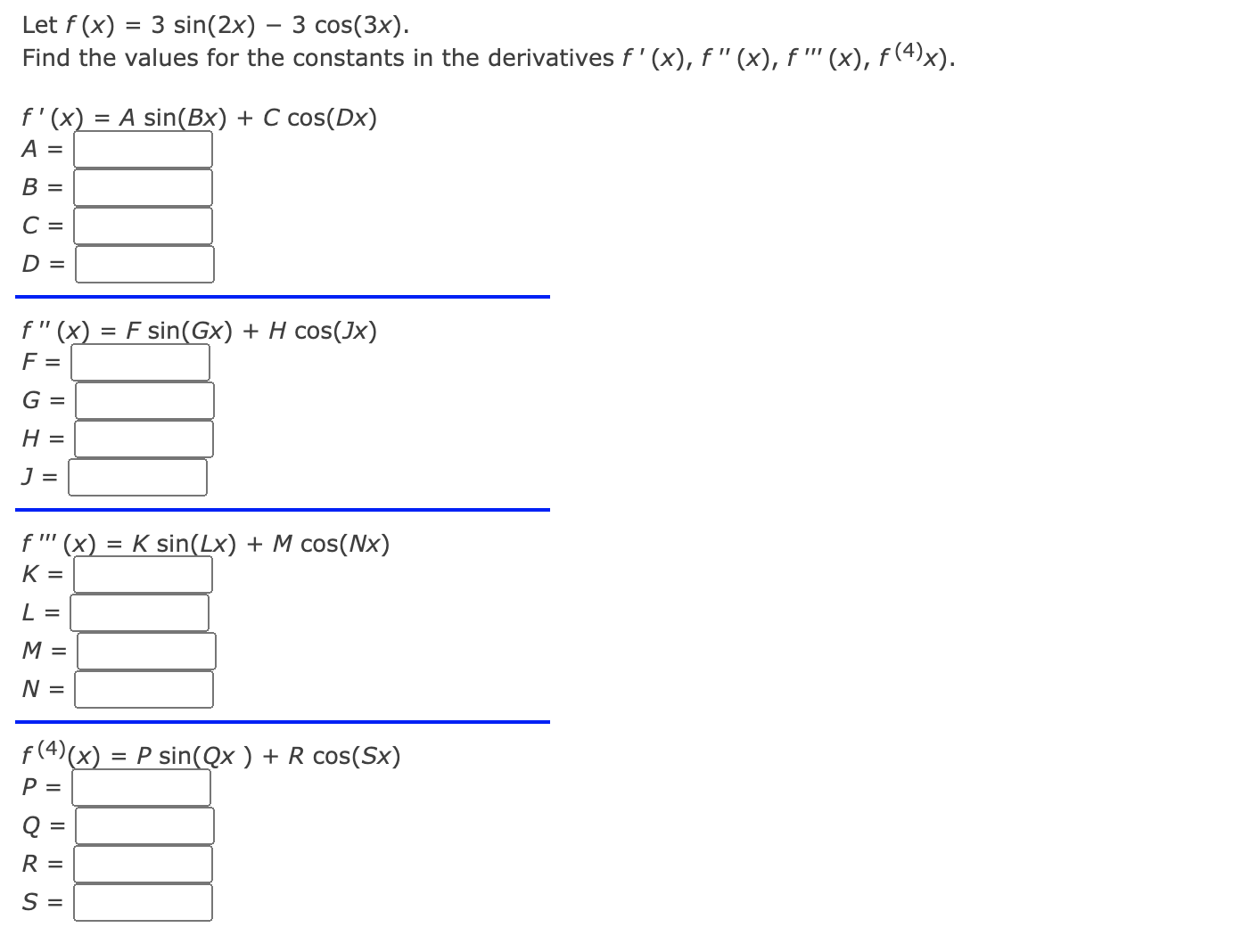 Solved Let f(x)=3sin(2x)-3cos(3x).Find the values for the | Chegg.com