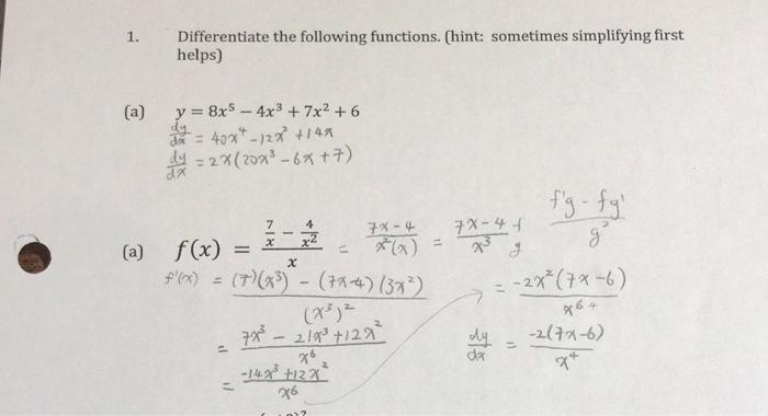 Solved 1. Differentiate the following functions. (hint: | Chegg.com