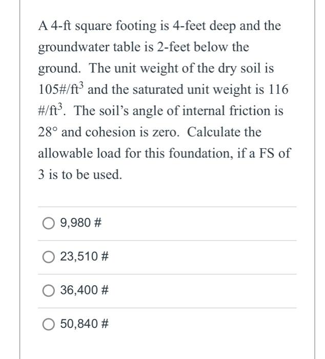 Solved A 4-ft square footing is 4-feet deep and the | Chegg.com
