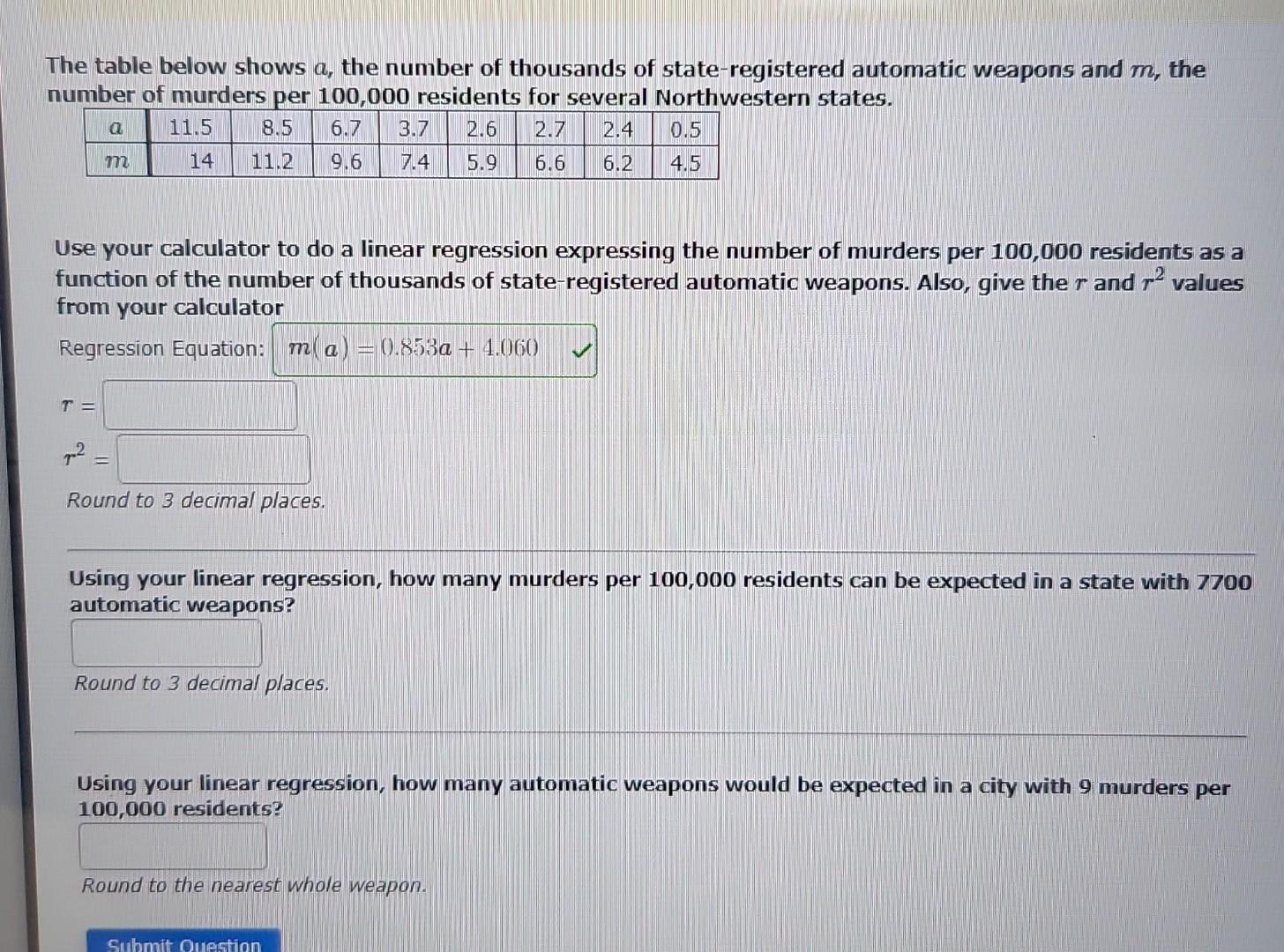 r = r²= Round to 3 decimal places. Using your linear | Chegg.com