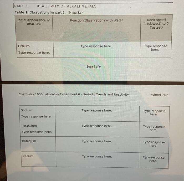 Solved PART 1 REACTIVITY OF ALKALI METALS Table 1: | Chegg.com