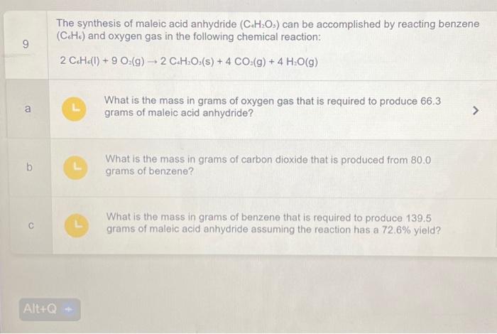 Solved The synthesis of maleic acid anhydride (C4H2O3) can | Chegg.com