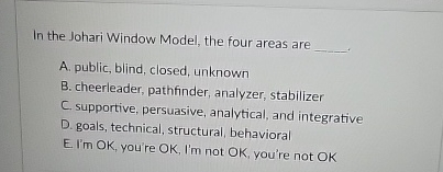 Solved In the Johari Window Model, the four areas areA. | Chegg.com