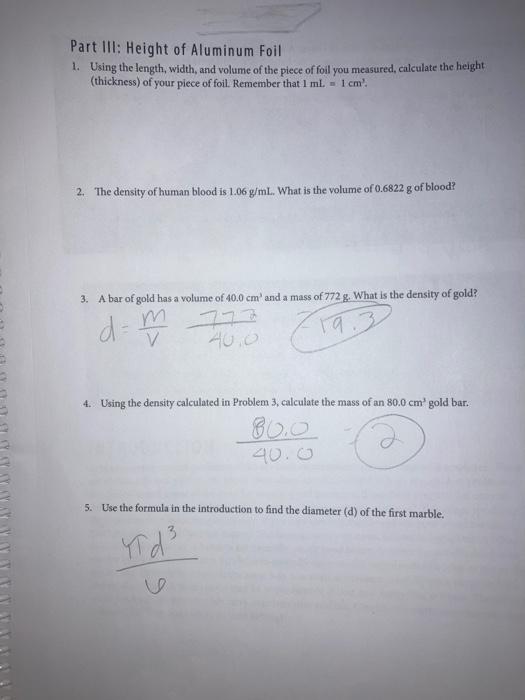 Solved Part III: Height of Aluminum Foil Foil Measurement | Chegg.com
