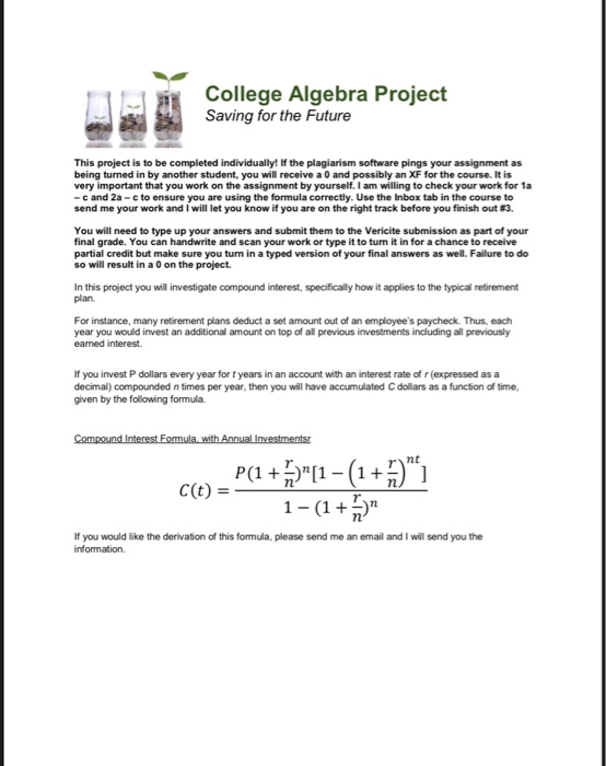 College Algebra Project Saving for the Future This | Chegg.com