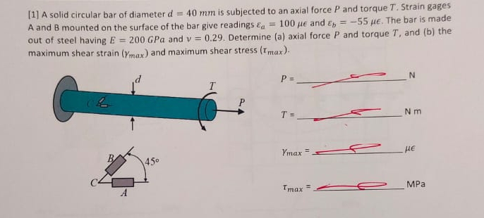 Solved [1] ﻿A solid circular bar of diameter d=40mm ﻿is | Chegg.com