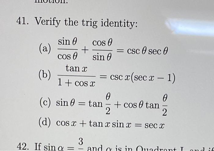 Solved 41. Verify the trig identity: (a) | Chegg.com
