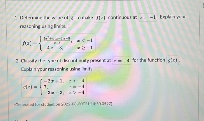 Solved 1) how do i solve for b and explain using limits?2) | Chegg.com