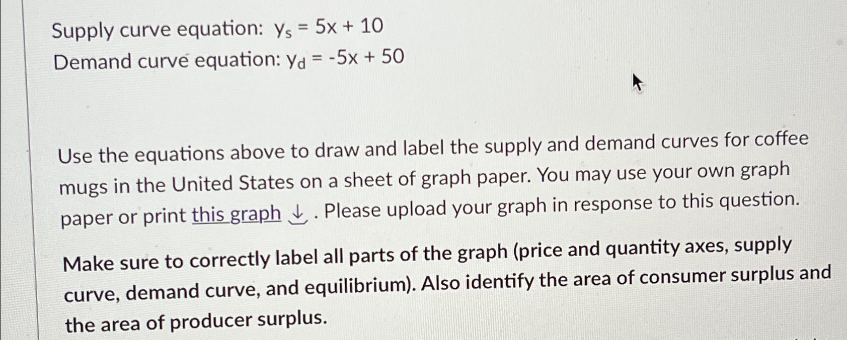 Solved Supply curve equation: ys=5x+10Demand curve equation: | Chegg.com