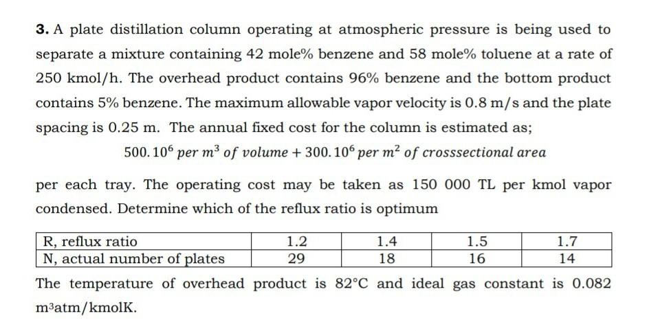 Solved 3. A plate distillation column operating at | Chegg.com
