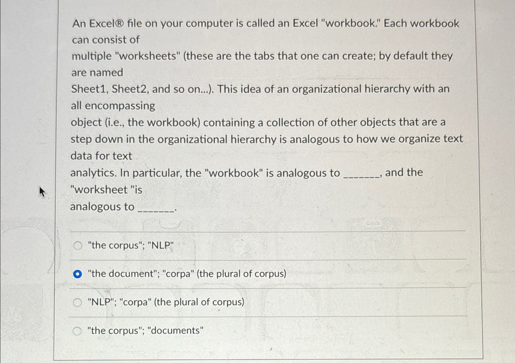 Solved An Excel® ﻿file on your computer is called an Excel | Chegg.com