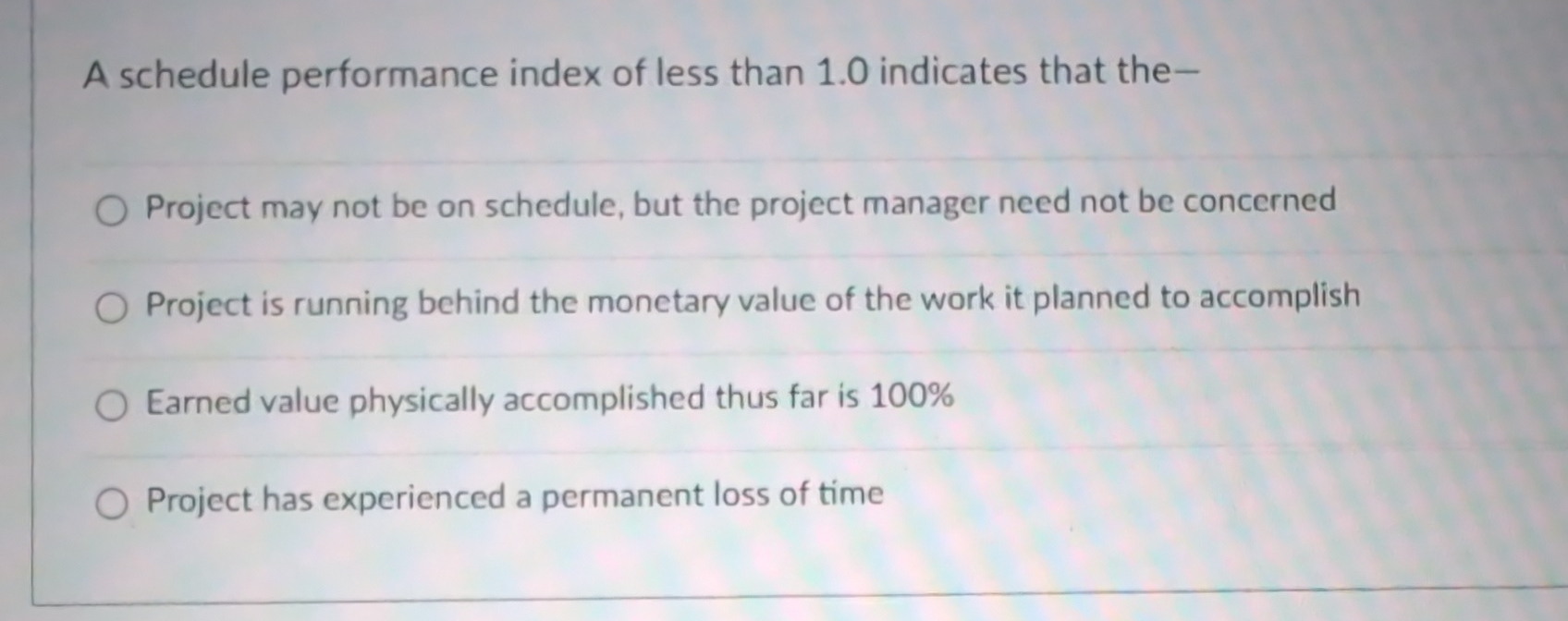 Solved A schedule performance index of less than 1.0 | Chegg.com