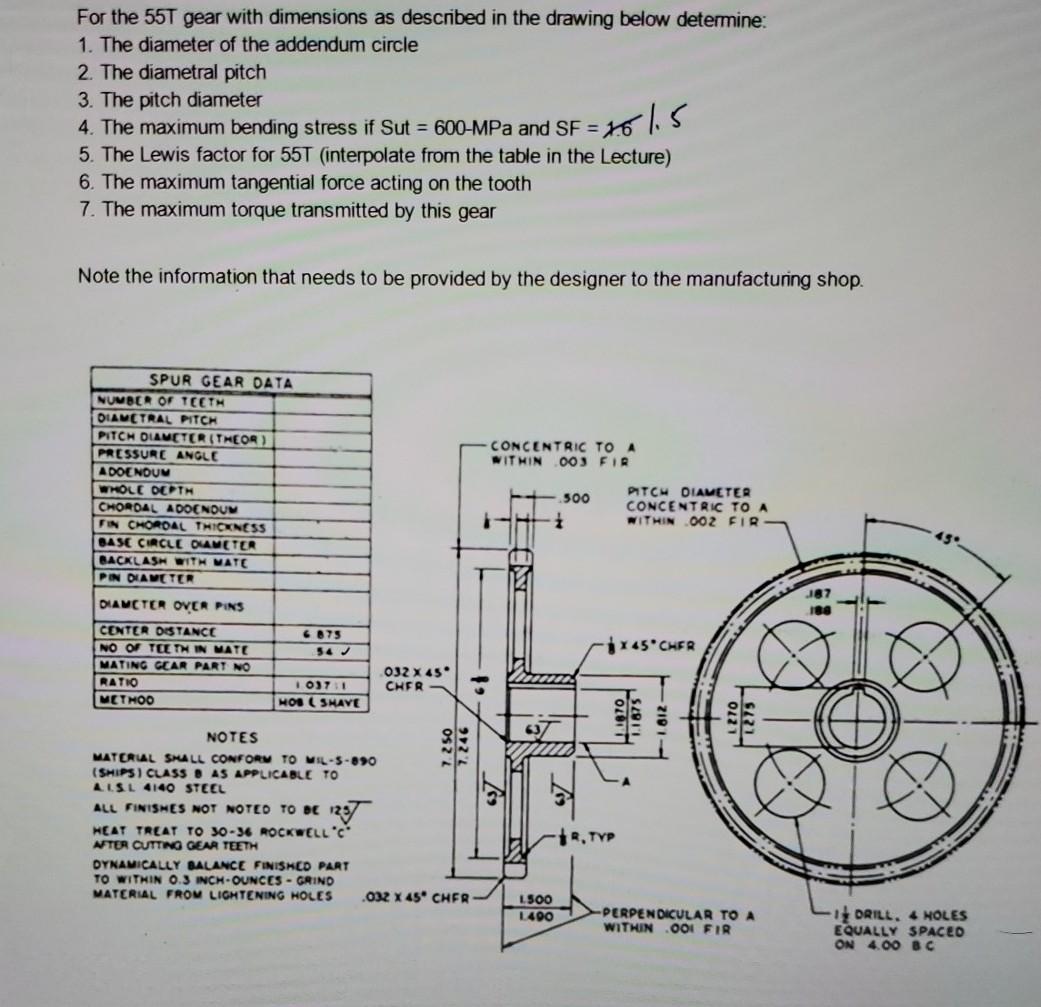 For the 55T gear with dimensions as described in the | Chegg.com