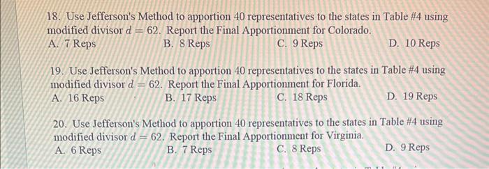 18. Use Jefferson's Method to apportion 40 | Chegg.com