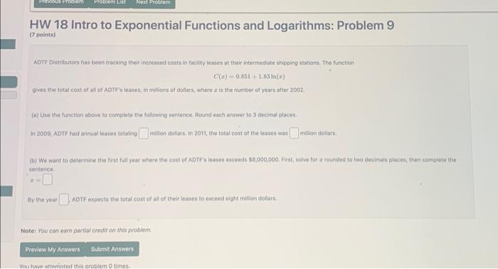 Solved HW 18 Intro to Exponential Functions and Logarithms: | Chegg.com