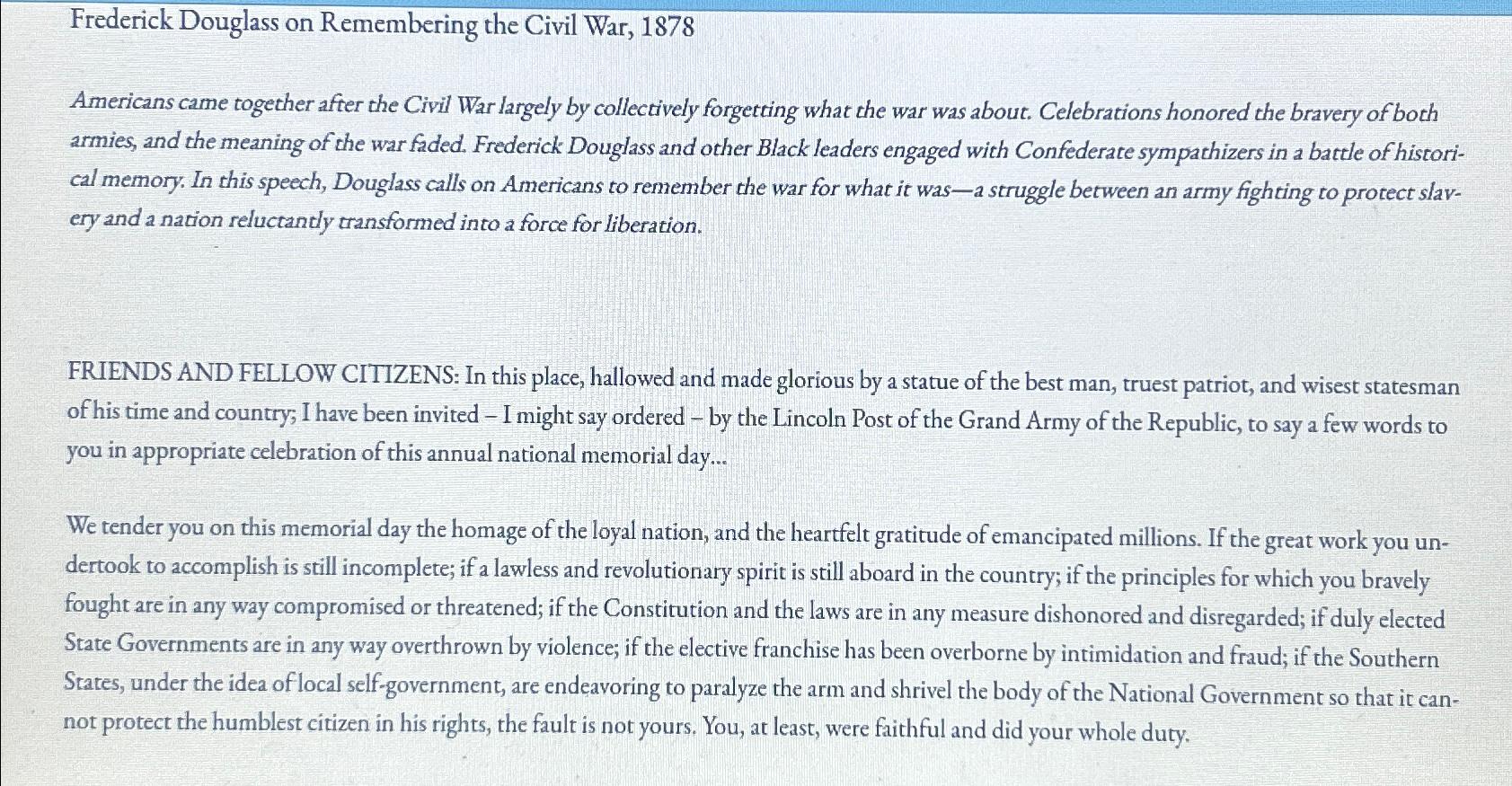 Solved Frederick Douglass on Remembering the Civil War, | Chegg.com