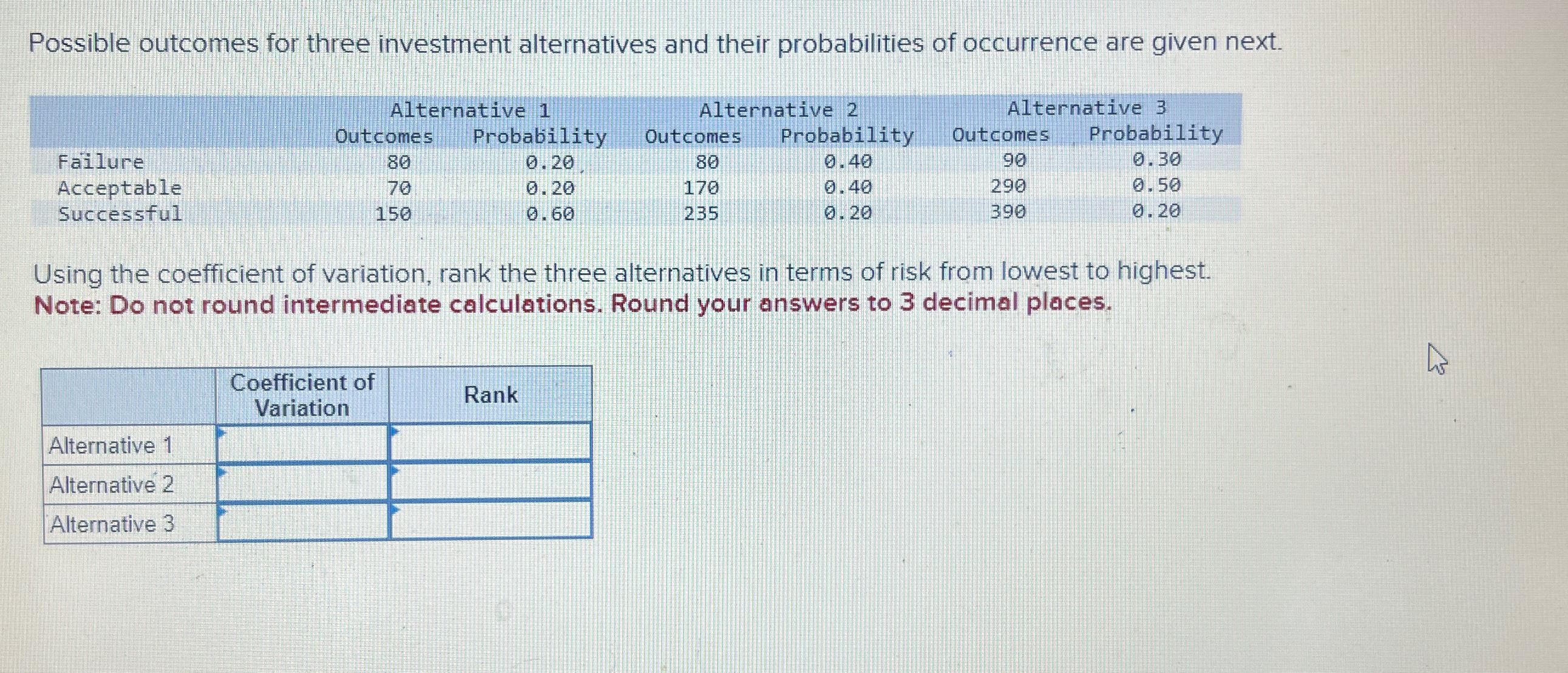 Solved Possible outcomes for three investment alternatives | Chegg.com