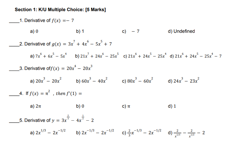 Solved Section 1: K/U Multiple Choice: [5 ﻿Marks]Derivative | Chegg.com