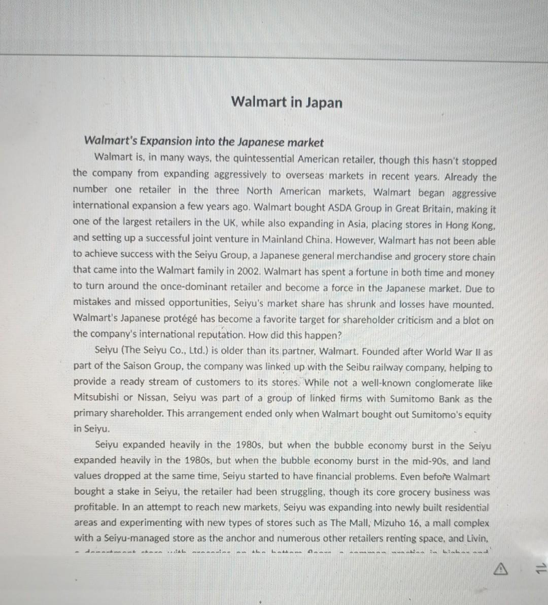 Solved Walmart in Japan Walmart's Expansion into the | Chegg.com