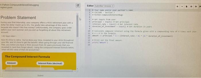 Solved 4-Python Compound interestebugging Hagpreste Problem | Chegg.com