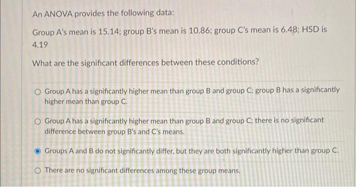 Solved An ANOVA provides the following data: Group A's mean | Chegg.com