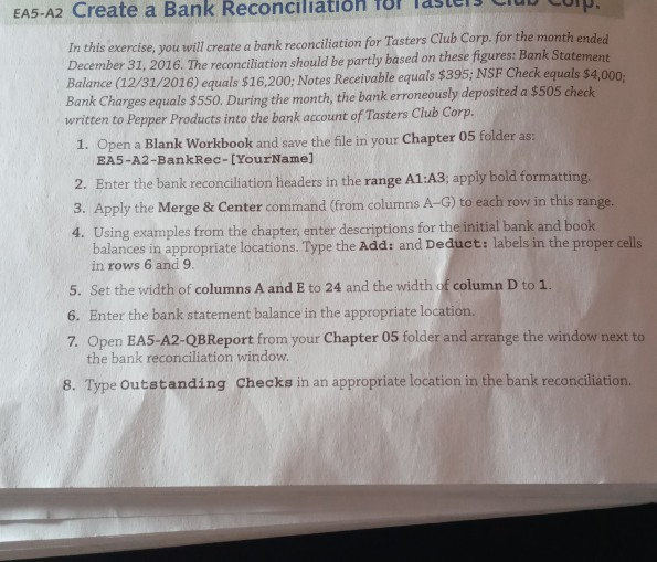 Solved TO EA5-A2 Create a Bank Reconcilia In this exercise, | Chegg.com