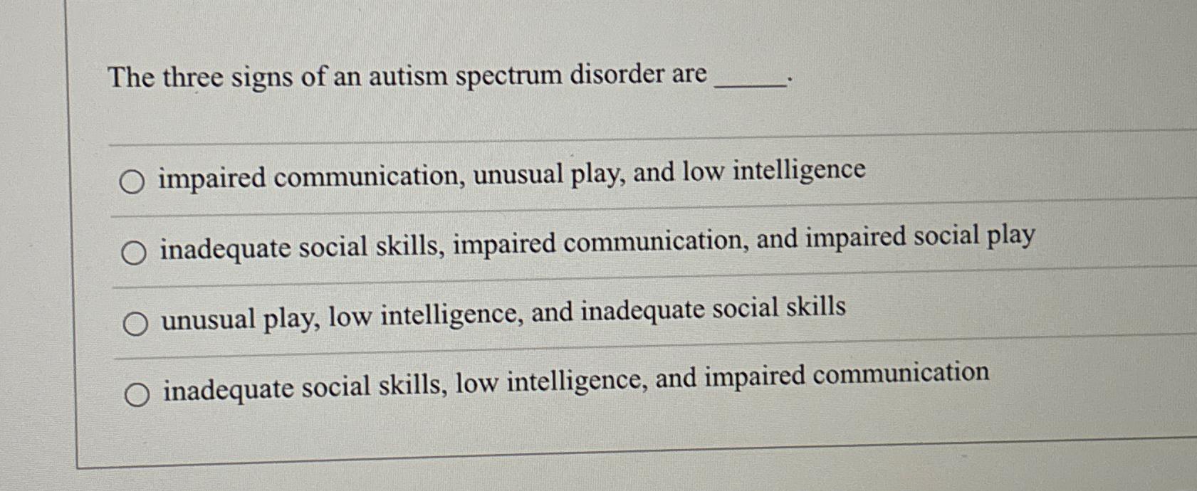 Solved The three signs of an autism spectrum disorder | Chegg.com