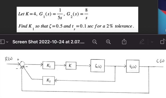 Solved Let K=4,G1(s)=5s1,G2(s)=s8 Find K1 so that ζ=0.5 and | Chegg.com