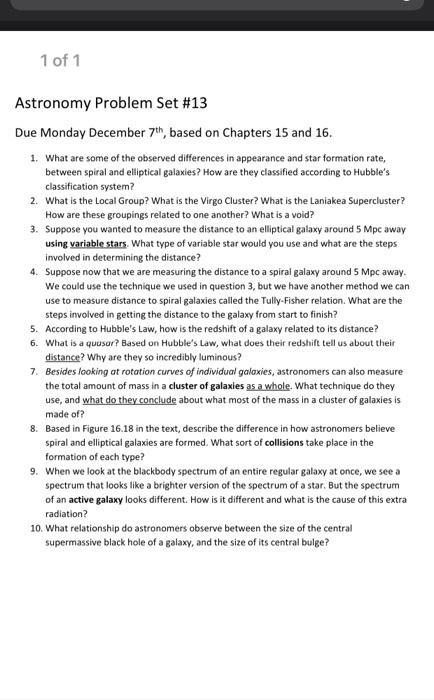 Solved 1 of 1 Astronomy Problem Set #13 Due Monday December | Chegg.com
