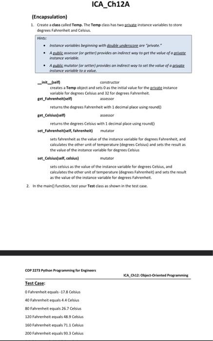 Solved (Encapsulation) 1. Create a class called Temp. The | Chegg.com
