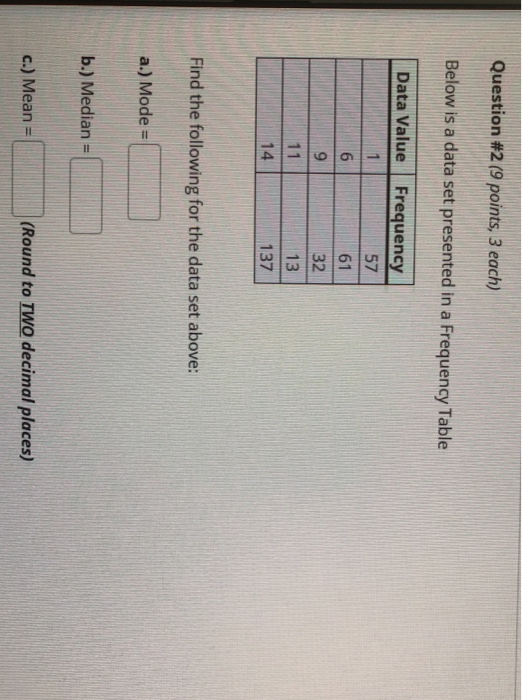 Solved Question #2 (9 points, 3 each) Below is a data set | Chegg.com