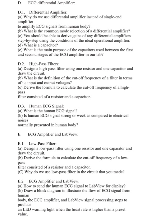 Solved D. ECG differential Amplifier: D.1. Differential | Chegg.com