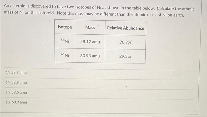 Solved An asteroid is discovered to have two isotopes of Ni | Chegg.com