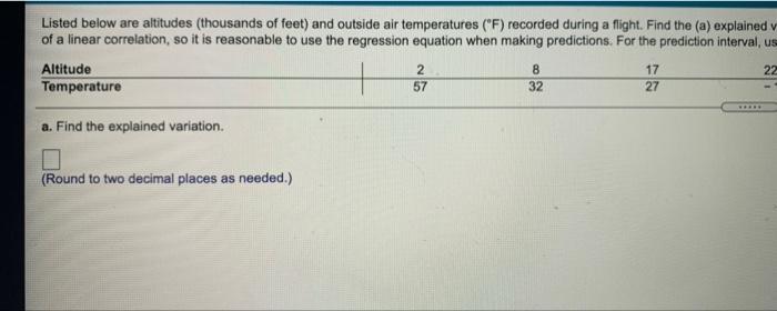 Solved a. Find the explained variation. 10,758.01 (Round to | Chegg.com