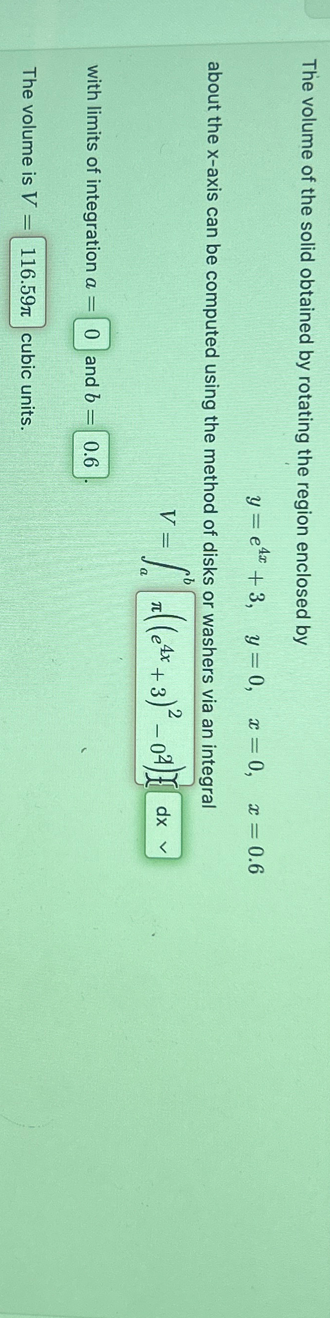 Solved The volume of the solid obtained by rotating the | Chegg.com