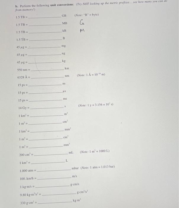 Solved b. Perform the following unit conversions: (Try NOT | Chegg.com
