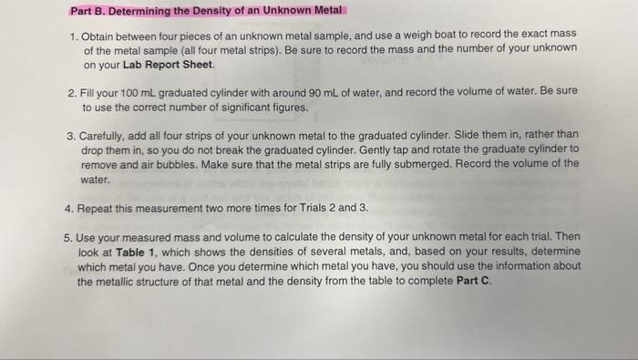 Solved Part B. Determining the Density of an Unknown Metal | Chegg.com