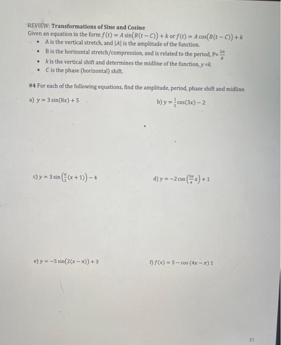 Solved REVIEW: Transformations of Sine and Cosine Given an | Chegg.com