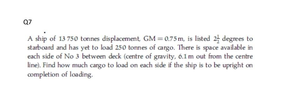 Solved A ship of 13750 tonnes displacement, GM=0.75 m, is | Chegg.com