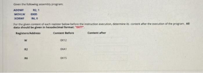 Solved Given the following assembly program: ADDWF R2, 1 | Chegg.com
