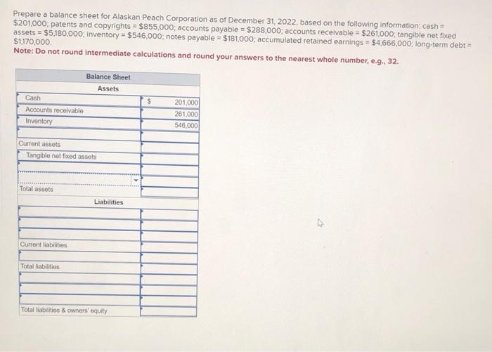 Solved Prepare a balance sheet for Alaskan Peach Corporation | Chegg.com