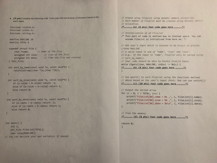 Solved 4. (35 pts) Complete the following code. Your code | Chegg.com